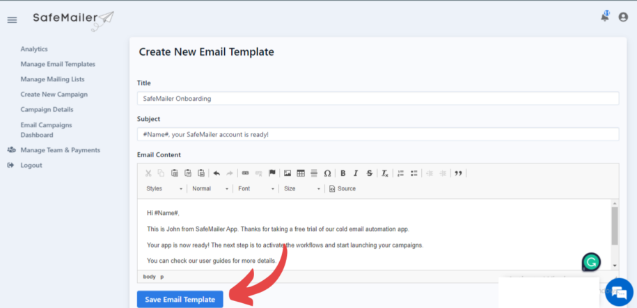 Create a new email template - SafeMailer